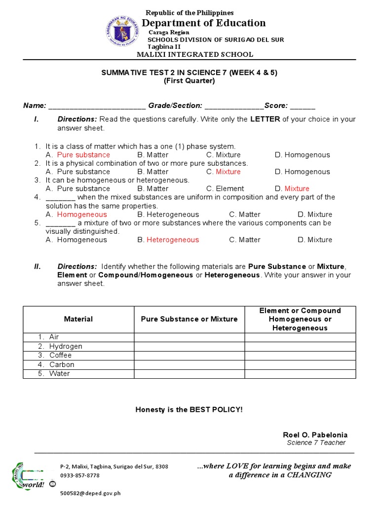 Grade 7 Science 1st Quarter Test Key | PDF | Mixture | Chemical Substances
