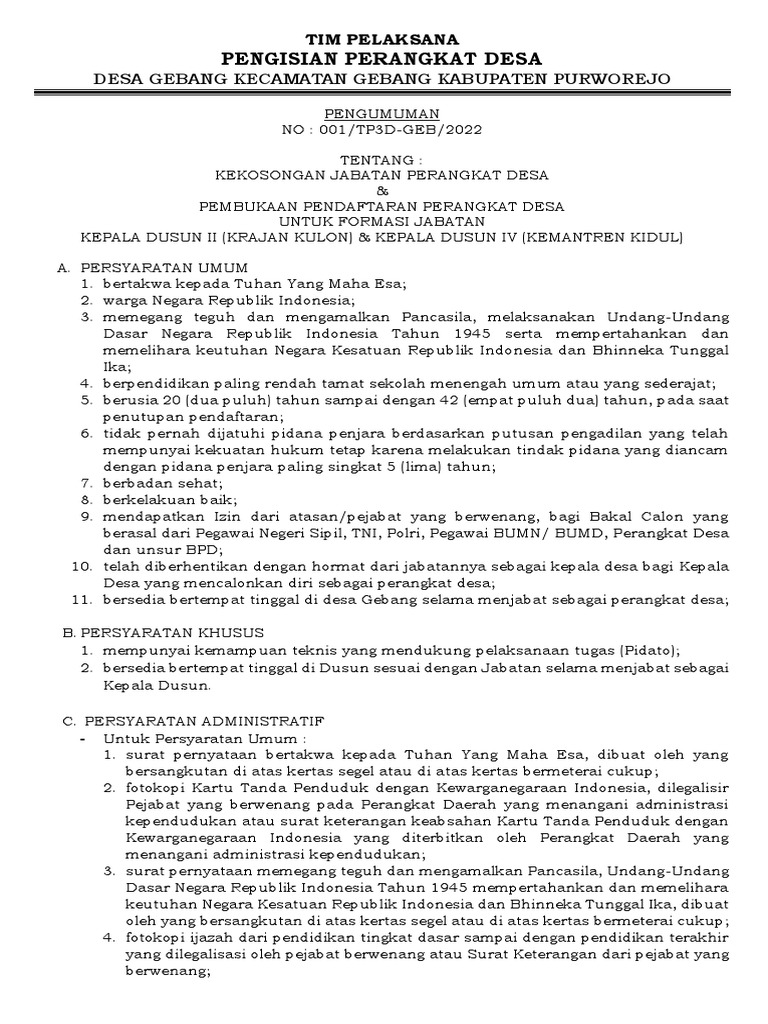 Pengumuman Perangkat Desa Gebang | PDF