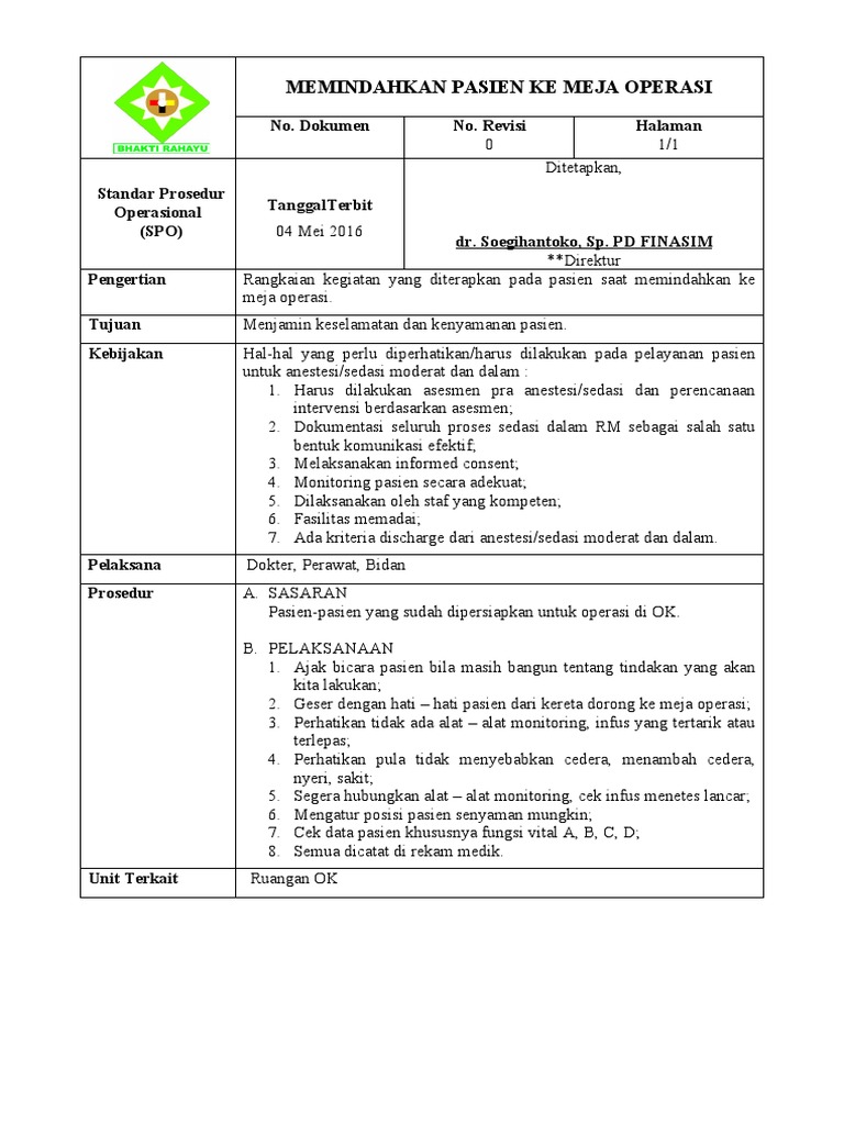 Sop Memindahkan Pasien Ke Meja Operasi | PDF