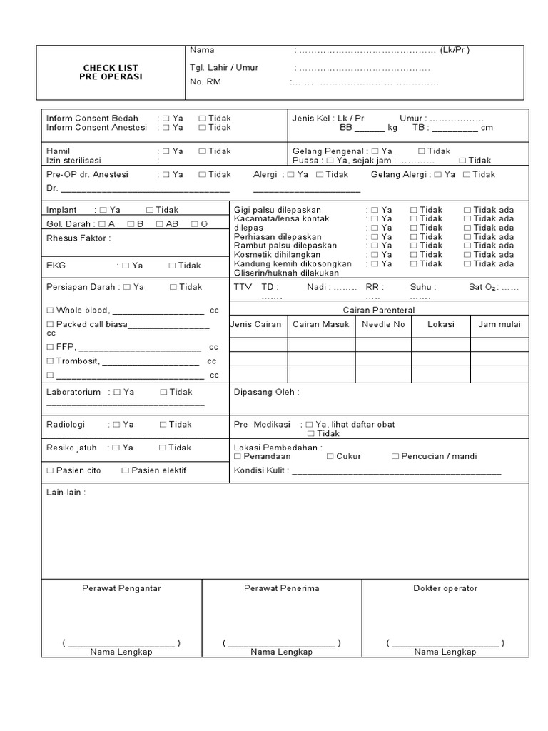 Check List Pre Operasi | PDF | Kesehatan Holistik | Sains & Matematika