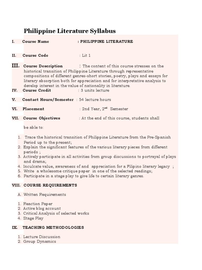 Philippine Literature Syllabus | PDF | Lecture | Course Credit