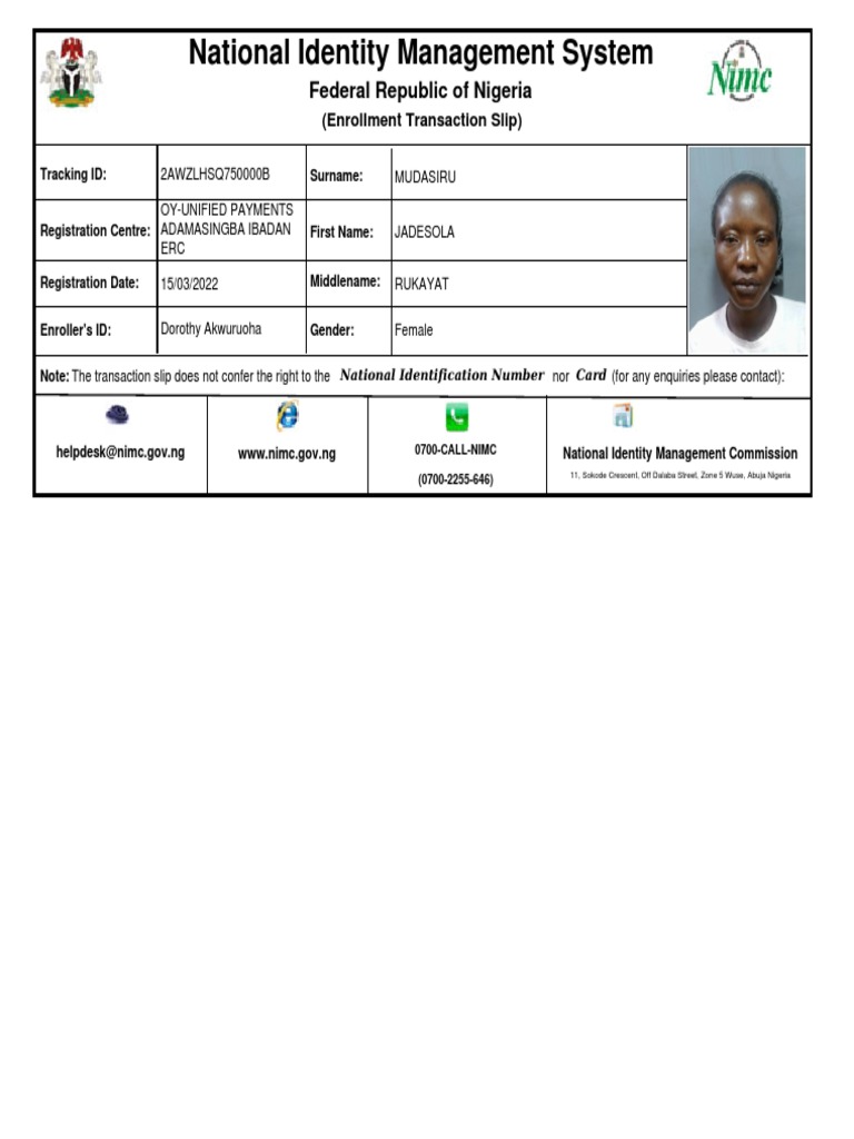 NIN Enrollment Transaction Slip Sample | PDF