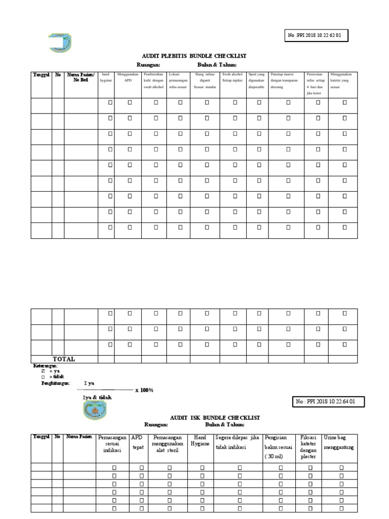 Ceklist Audit Isk, Plebitis, Ido | PDF