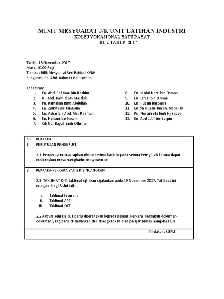 Minit Mesyuarat Ojt2 | PDF