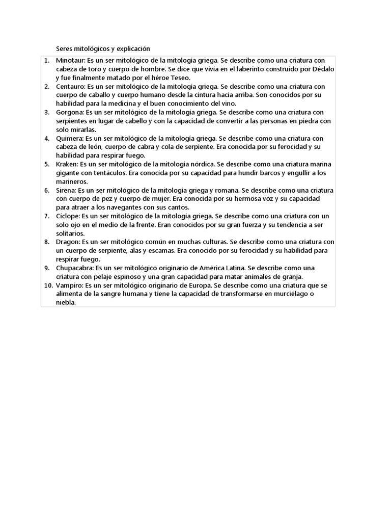 Seres Mitológicos: Descripciones y Ejemplos | PDF