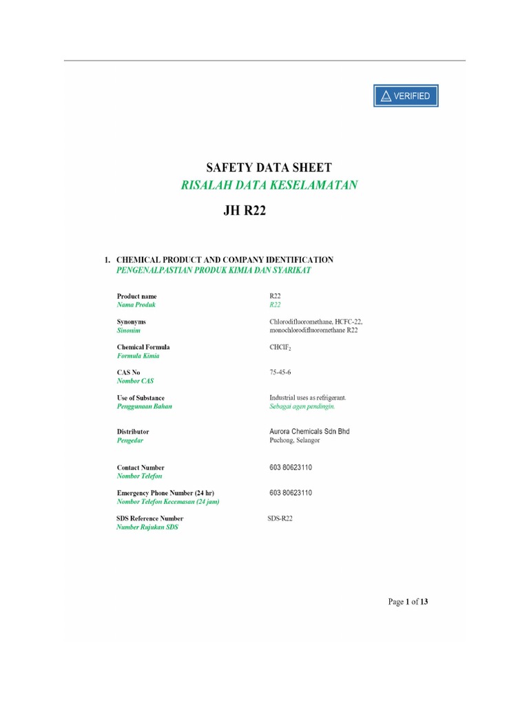 SDS Refrigerant R22 Gas BM | PDF