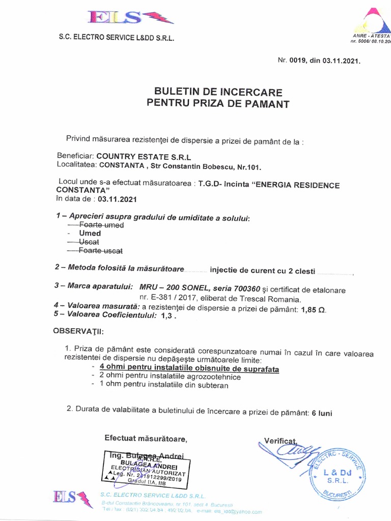 Buletin Priza Paman - Buletin Incercare Rezis. Izol. - Factura. | PDF