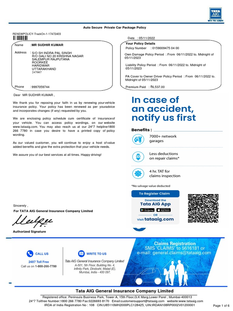 Tata AIG Car Insurance Renewal Details | PDF | Insurance | Deductible