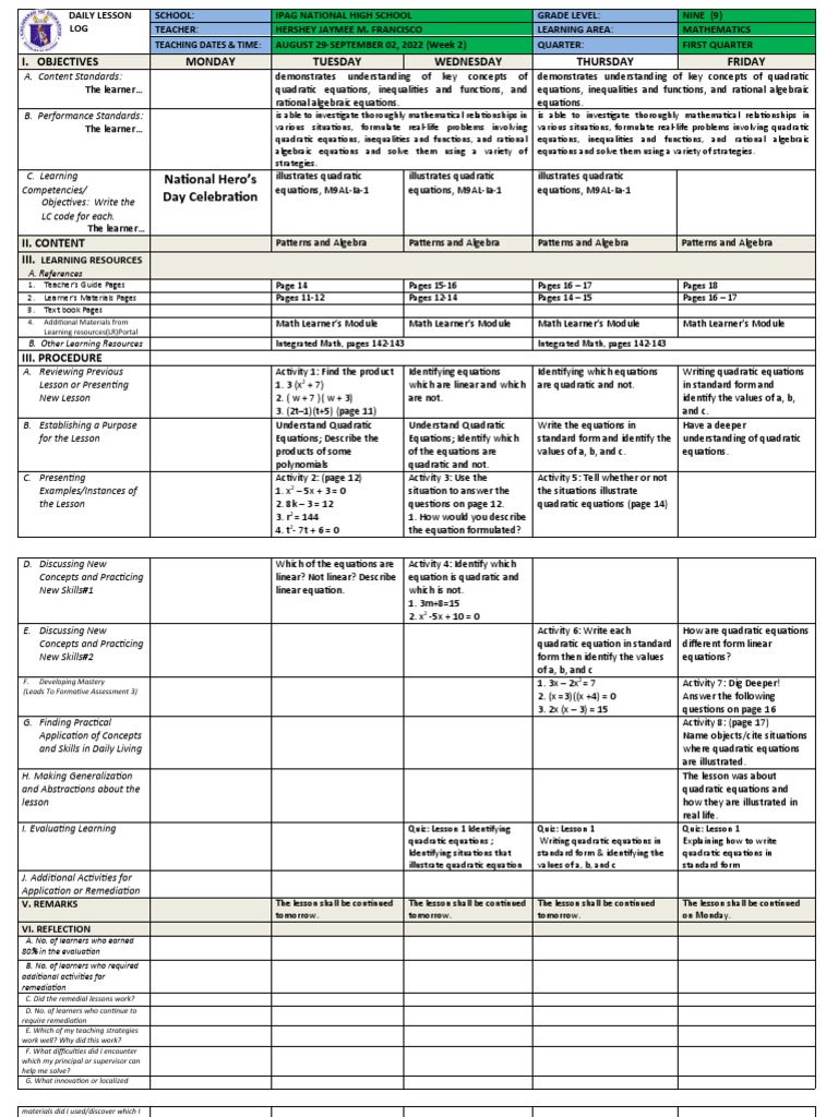 Math 9 DLL Week 2 | PDF