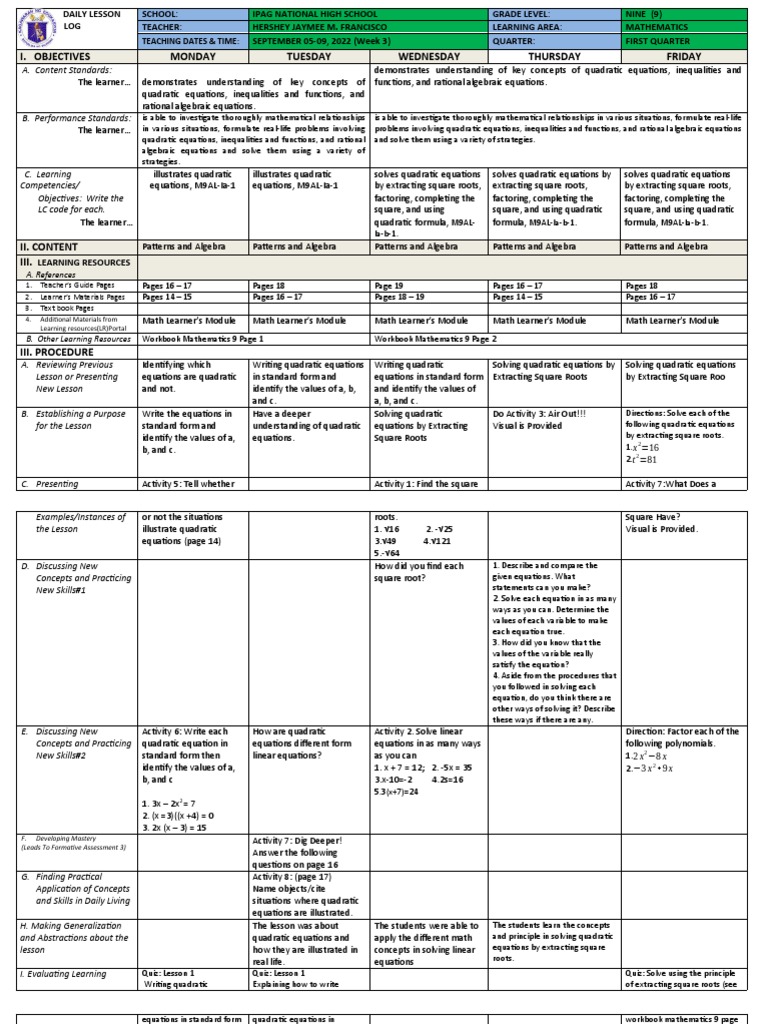Math 9 DLL Week 3 | PDF