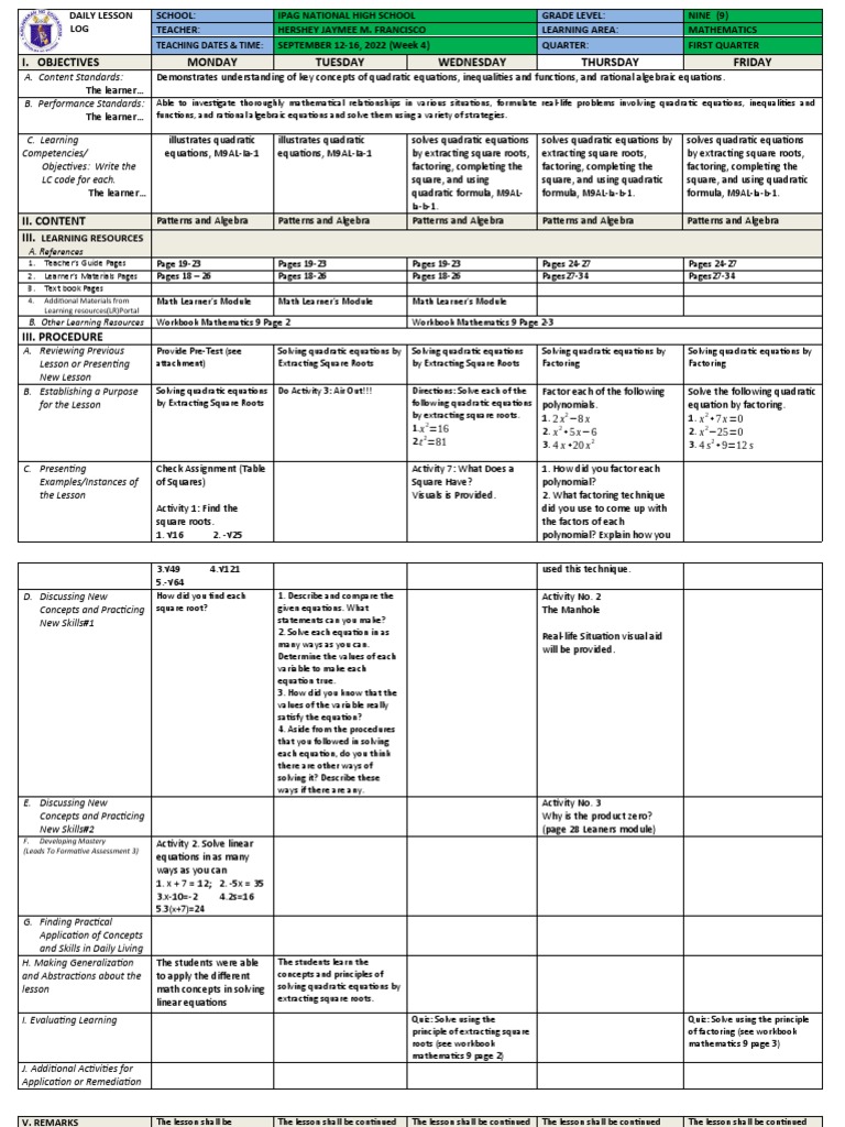 Math 9 DLL Week 4 | PDF | Quadratic Equation | Factorization