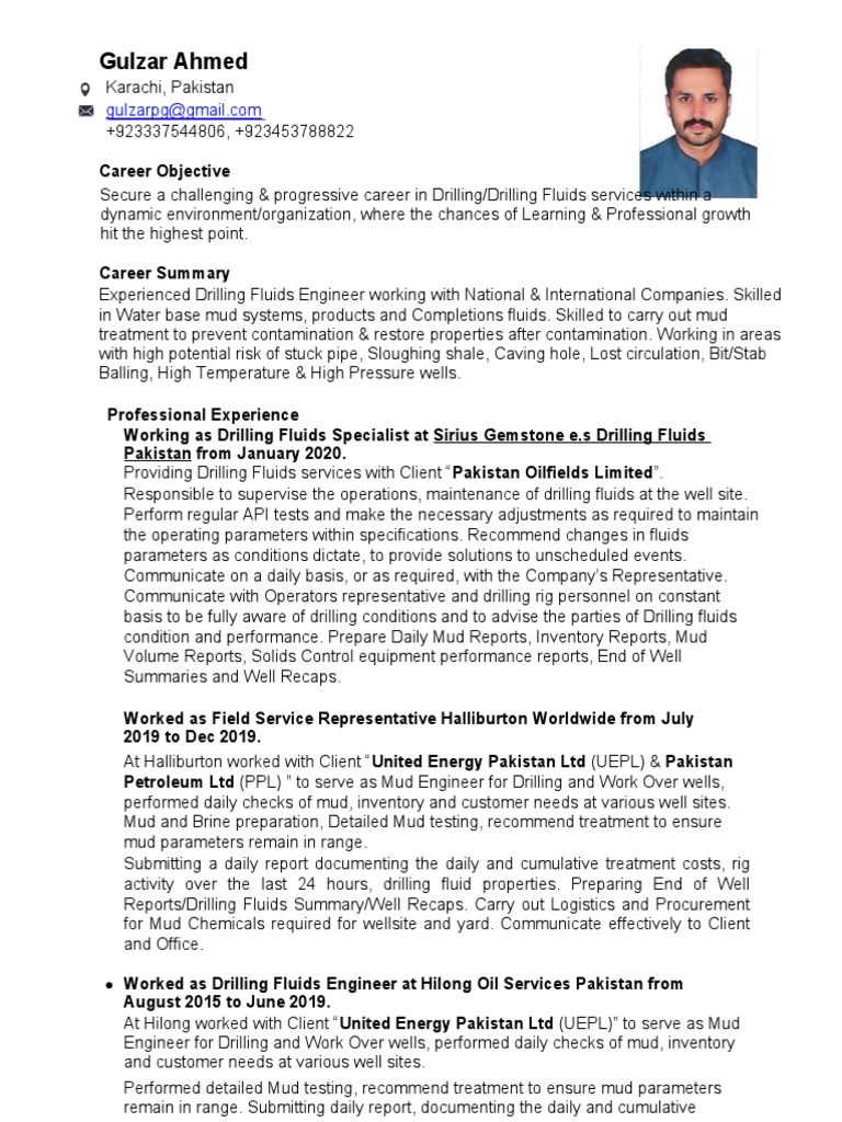 Gulzar Ahmed CV | PDF | Potassium Chloride | Drilling Rig