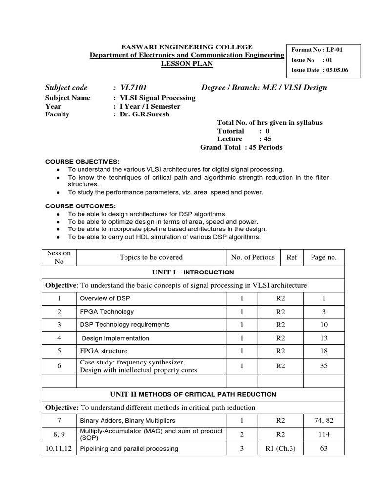 Vl7101 Vlsi Signal Processing Lesson Plan Pdf Digital Signal Processing Digital Signal