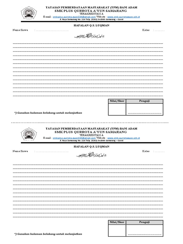 Kartu Nilai Hafalan Q.S. Luqman | PDF