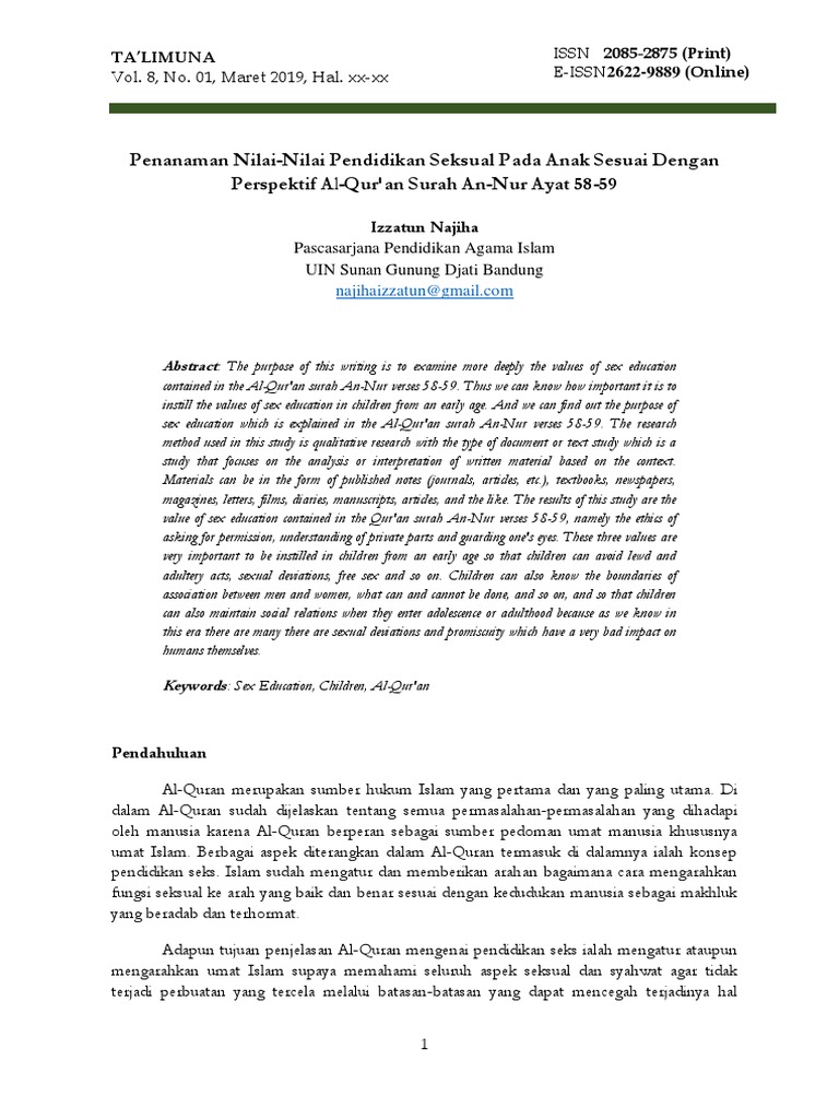 Penanaman Nilai Pendidikan Seksual Pada Anak Sesuai Dengan Perspektif Al Qur'an Surah An-Nur ...
