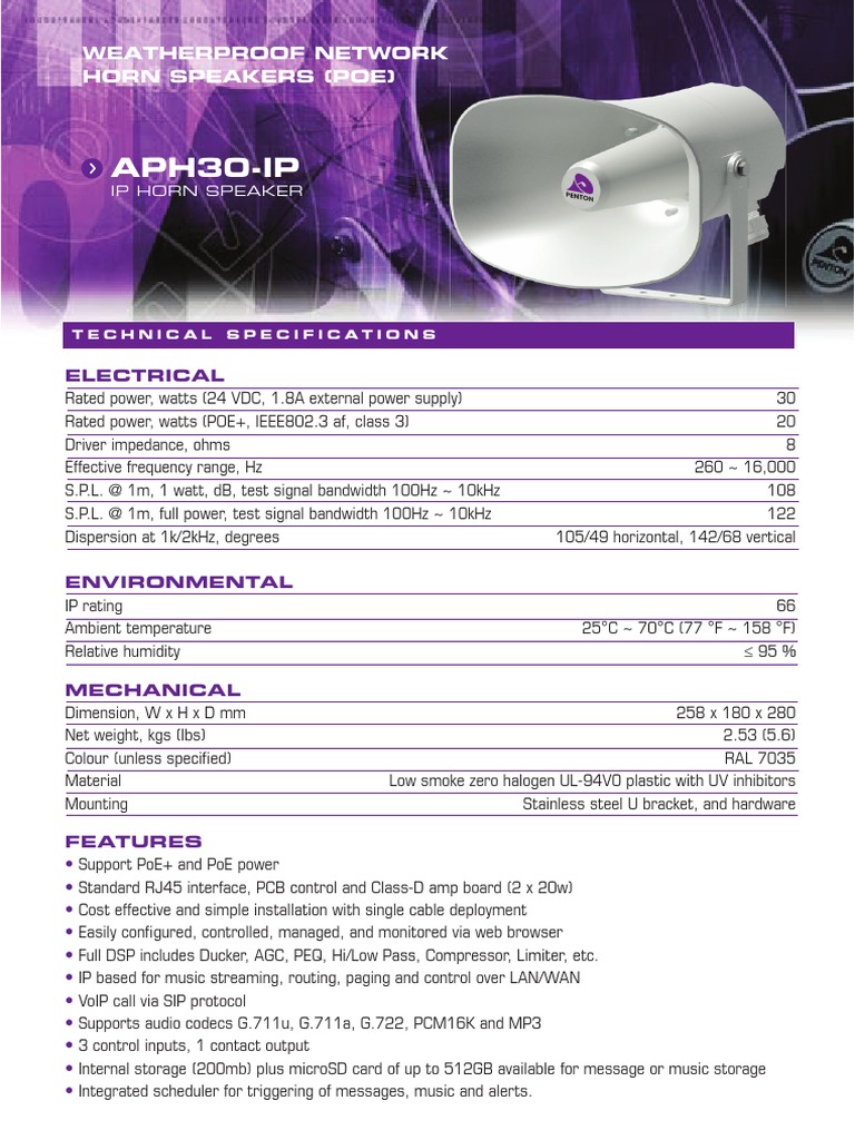 Penton APH30-IP Datasheet | PDF | Microphone | Loudspeaker
