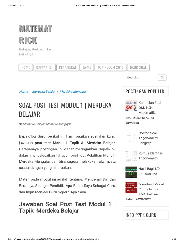 Soal Post Test Modul 1 Merdeka Belajar Matematrick Pdf