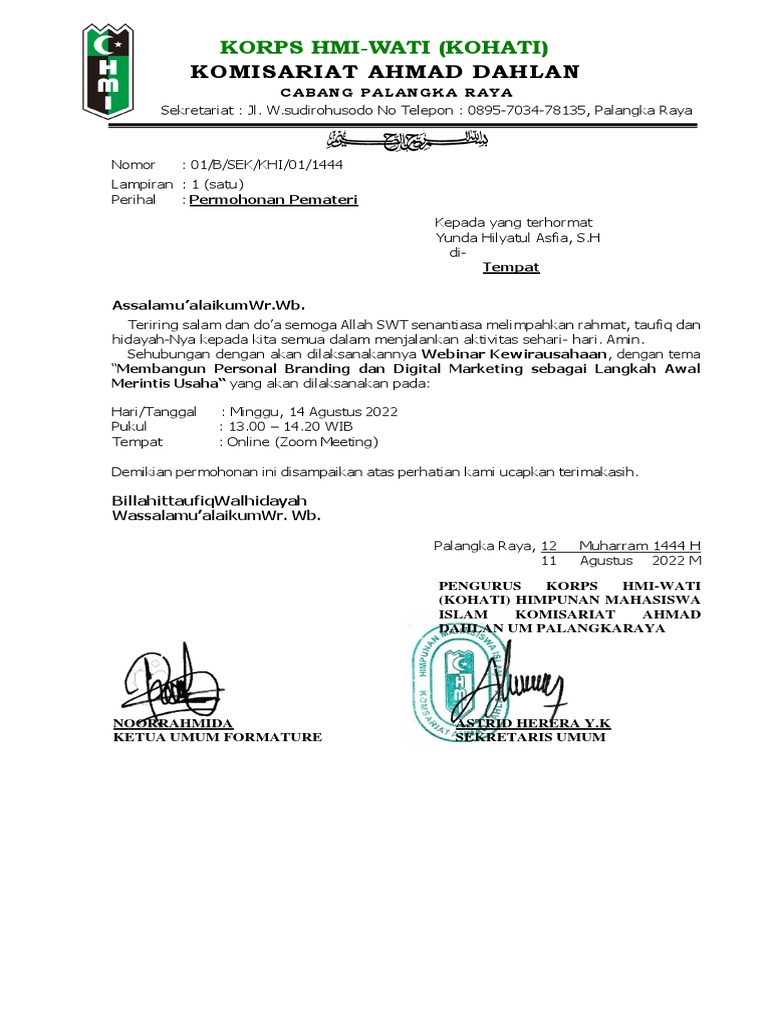 Surat Permohonan Pemateri Webinar Kewirausahaan | PDF