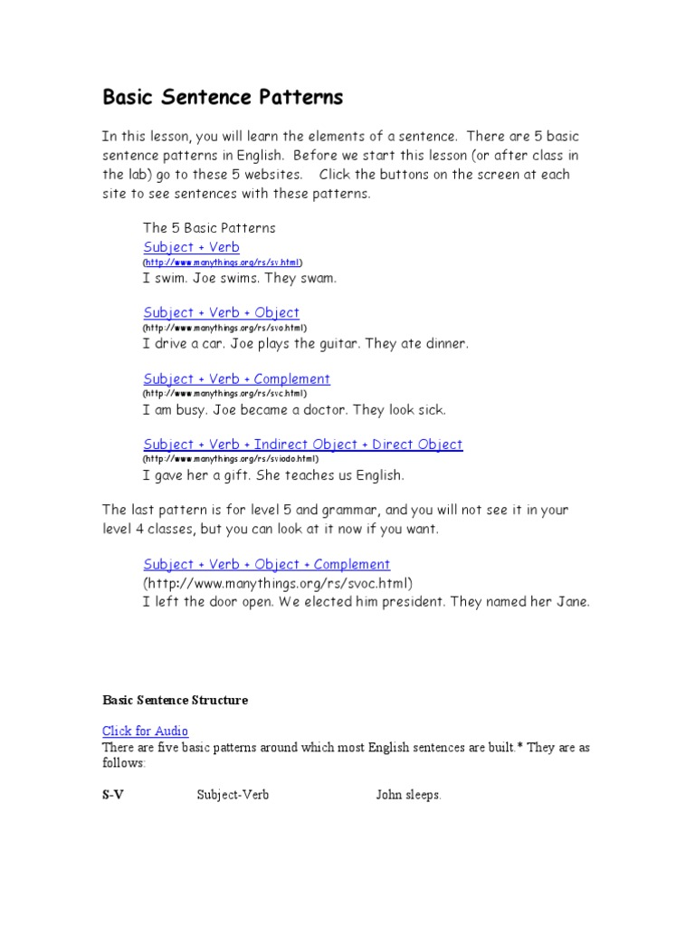 Basic Sentence Patterns | PDF | Verb | Adverb