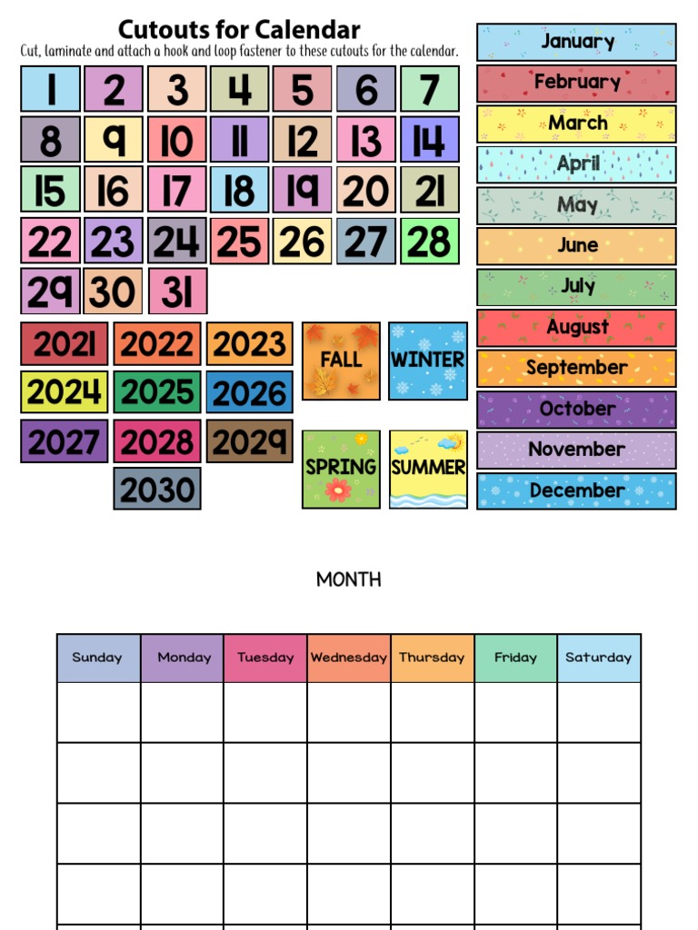 Calendar Cutouts for Organizing Monthly Schedules in 2021-2030 | PDF