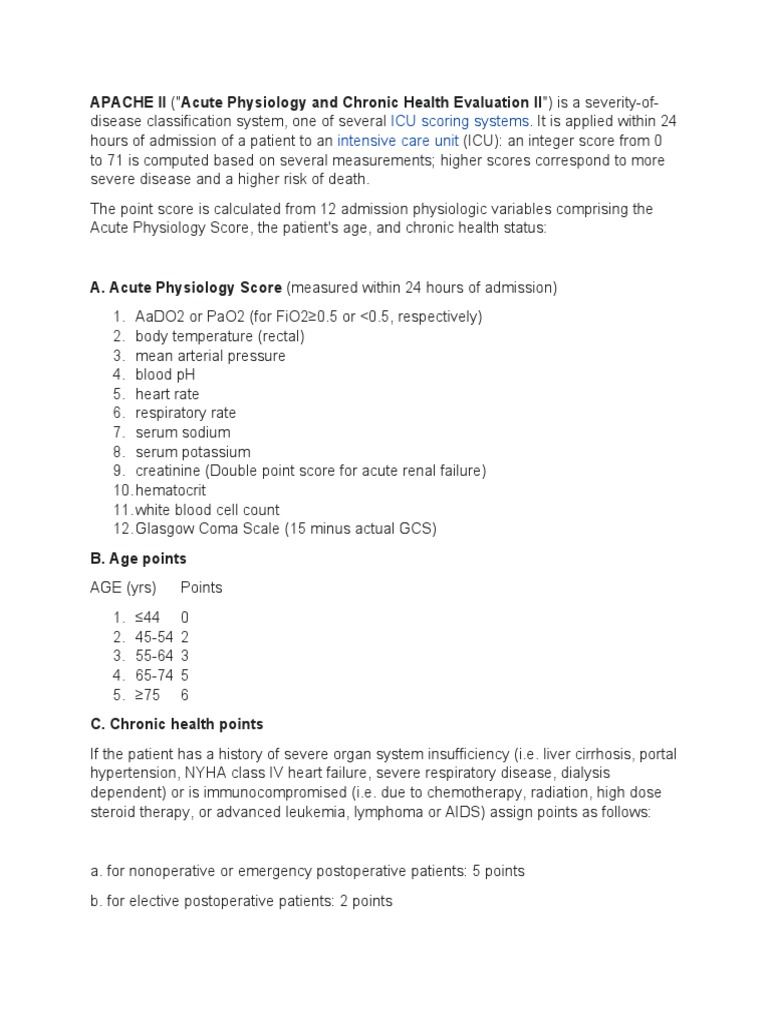 APACHE II Scoring System Overview | PDF | Wellness