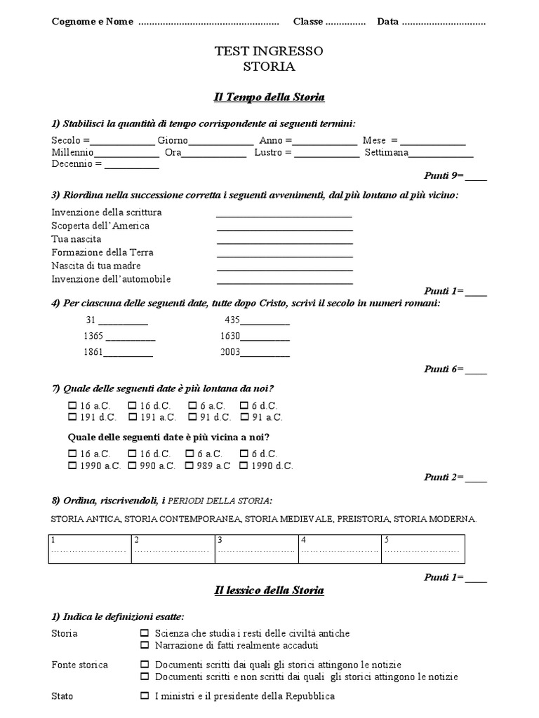 Test Ingresso Storia I B | PDF
