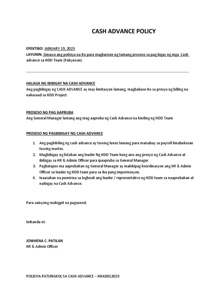 Cash Advance Policy | PDF