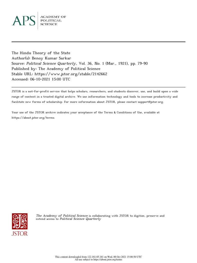 Sarkar 1921 - Hindu Theory of The State | PDF | Greed | Human Nature