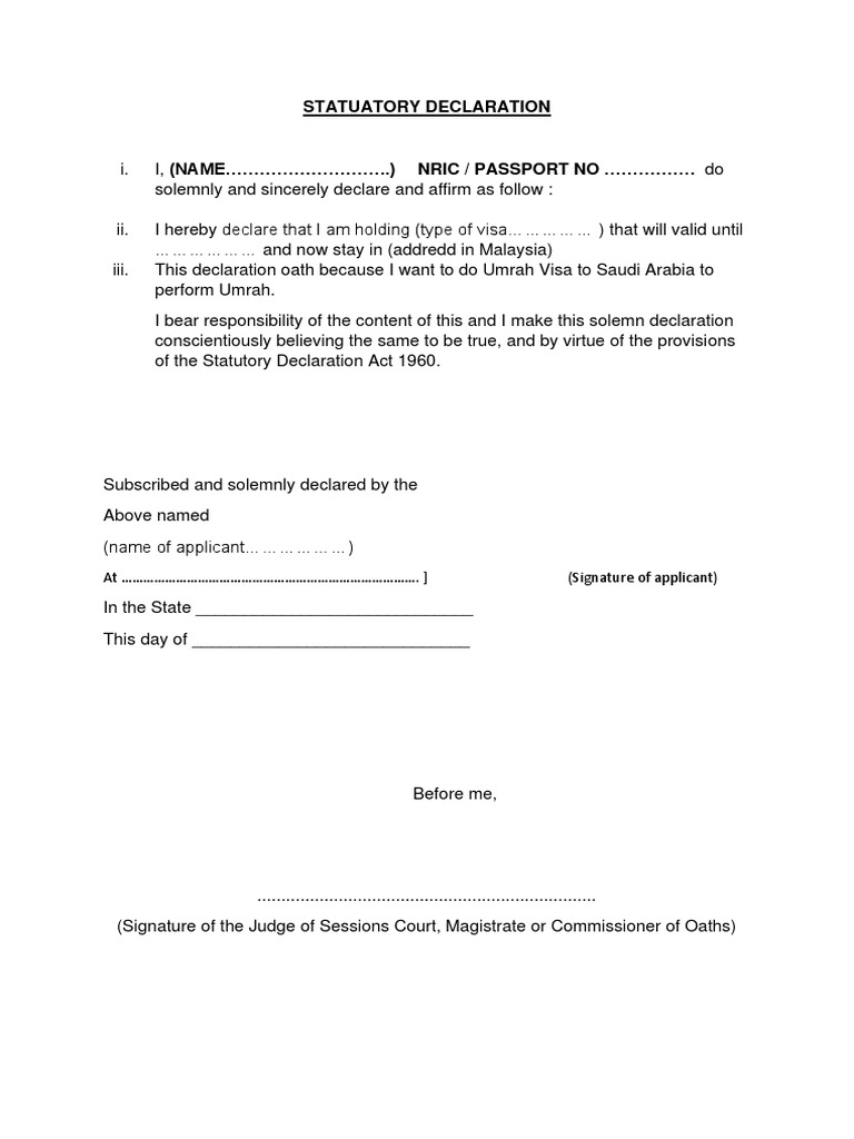 Umrah Visa Statutory Declaration Form | PDF | Law