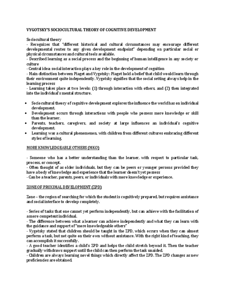Lev Vygotsky's Sociocultural Theory of Cognitive Development | PDF ...