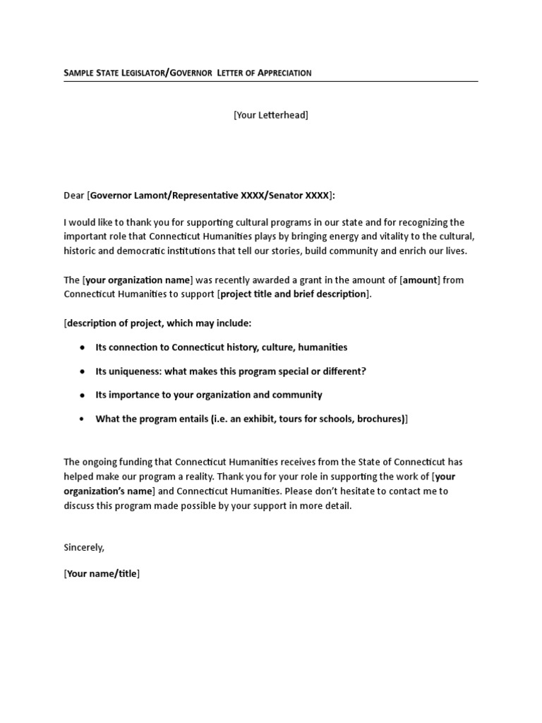 Sample State LegislatorGovernor Letter of Appreciation | PDF