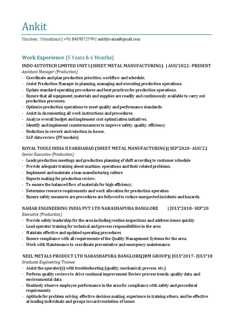 Ankit Jwala CV Updated | PDF | Engineering | Safety