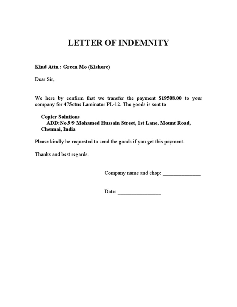 Letter of Indemnity | PDF