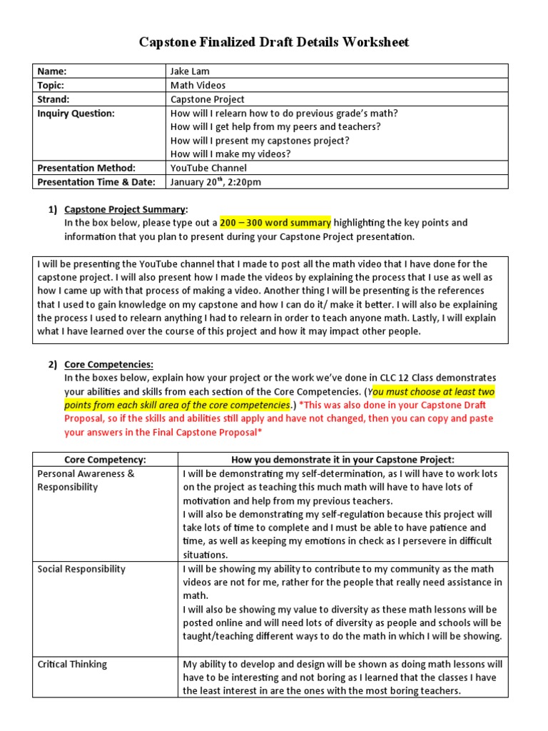 Capstone Finalized Draft Details Worksheet | PDF | Teachers | Motivation