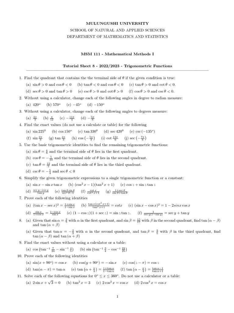 MSM 111 - Trigonometric Functions - T8 | PDF | Trigonometric Functions | Special Functions