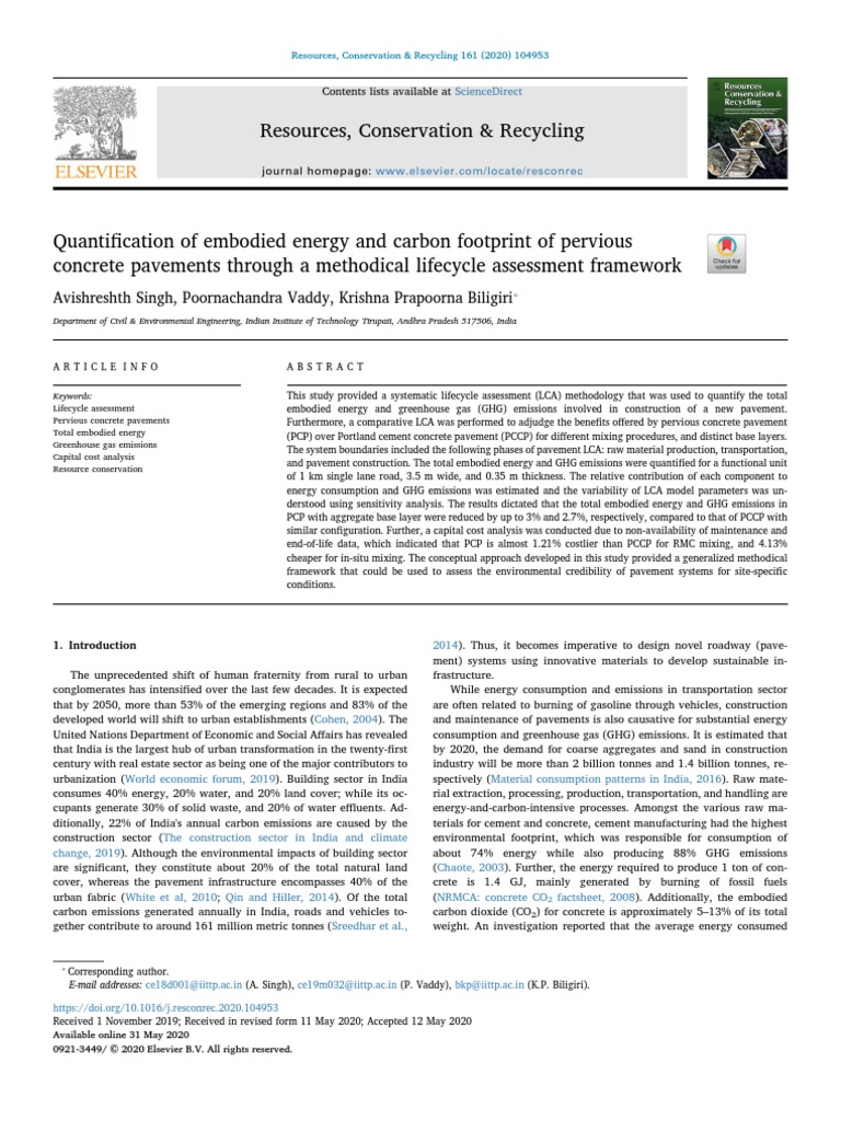 Quantification of Embodied Energy and Carbon Footprint of Pervious ...