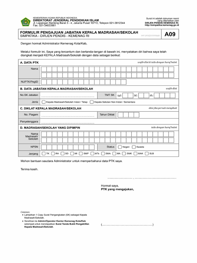 Formulir A09 - PENGAJUAN JABATAN KEPALA MADRASAH - SEKOLAH | PDF