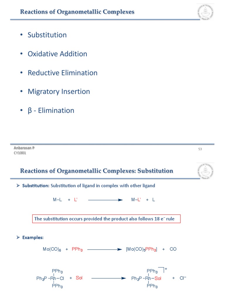- Substitution - Oxidative Addition - Reductive Elimination - Migratory Insertion - β ...