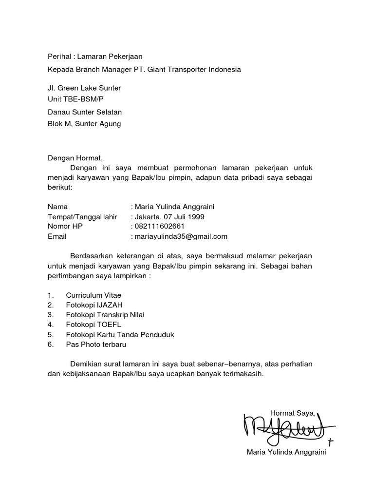 PT - Giant Transporter Indonesia - Maria Yulinda Anggraini | PDF