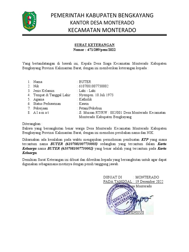 Surat Keterangan Nik KK KTP | PDF