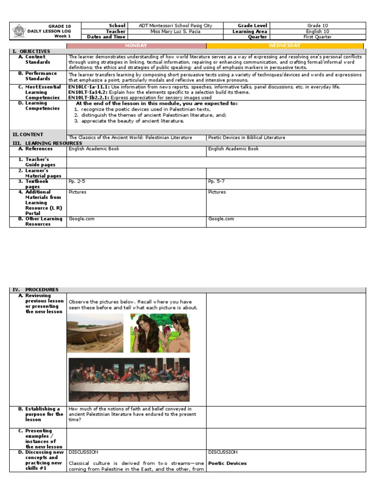 English 10 1ST Quarter Lesson Plan | PDF