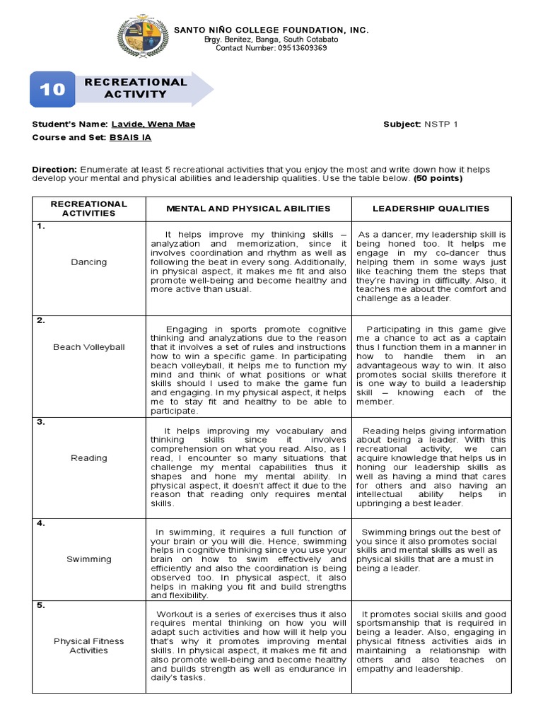FINAL ACTIVITY 10 - (Sto. Nino) | PDF | Thought | Physical Fitness