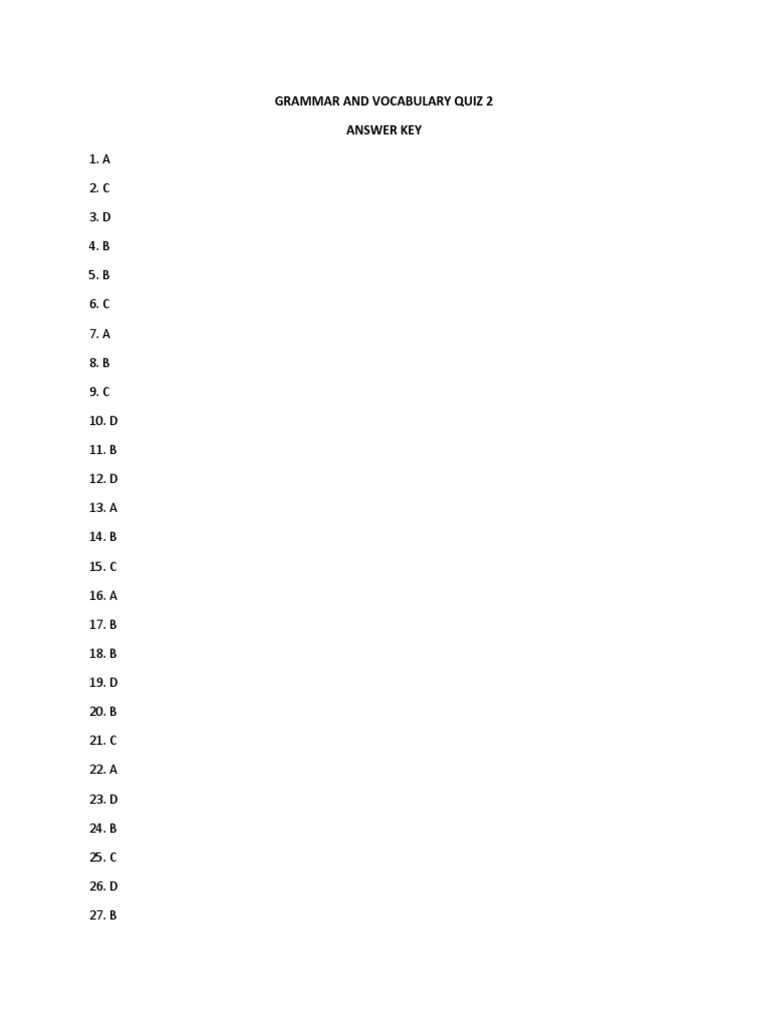 Grammar and Vocabulary Quiz 2 (Answer Key) 2 | PDF
