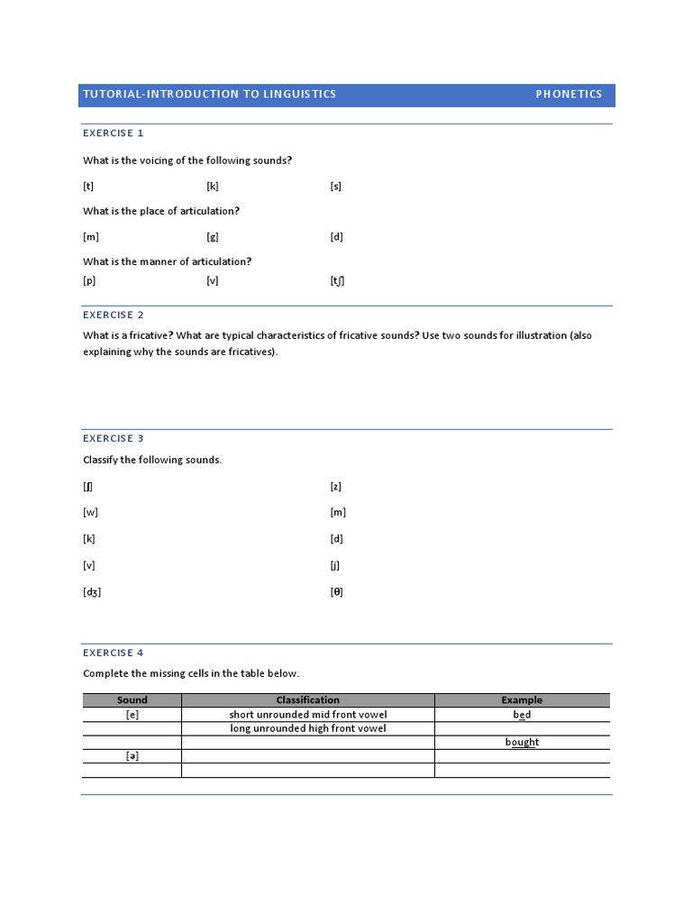 Exercises For Tutorial-Phonetics | PDF | Phonetics | Vowel