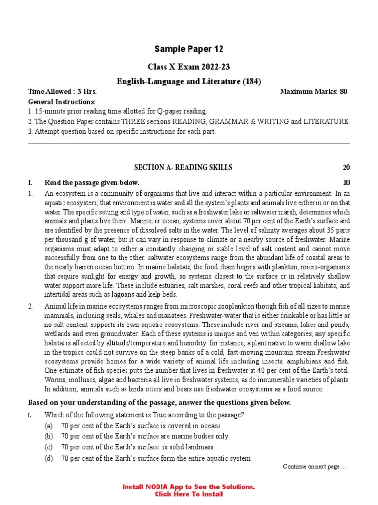 EN Sample Paper 12 Unsolved | PDF