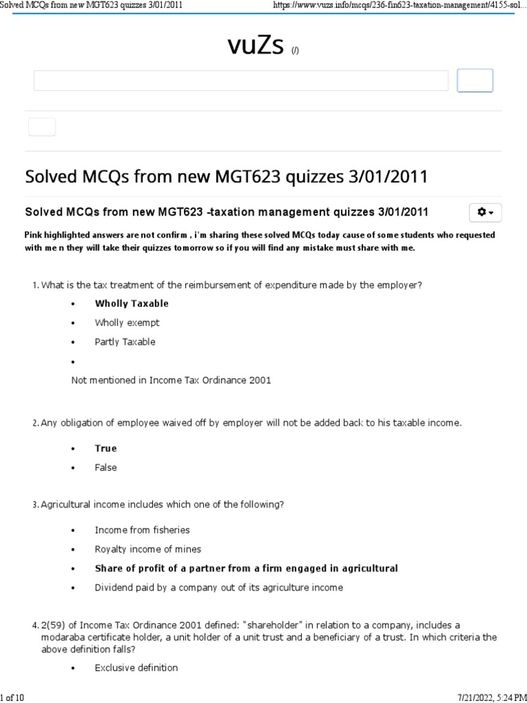 Tax MCqs | PDF | Taxes | Income