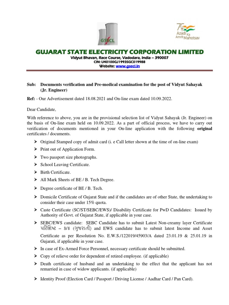 GSECL Document Verification and Medical Exam | PDF | Government