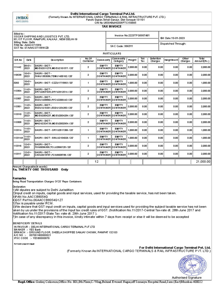 Transportation Charges and Details for Empty Shipping Containers | PDF ...