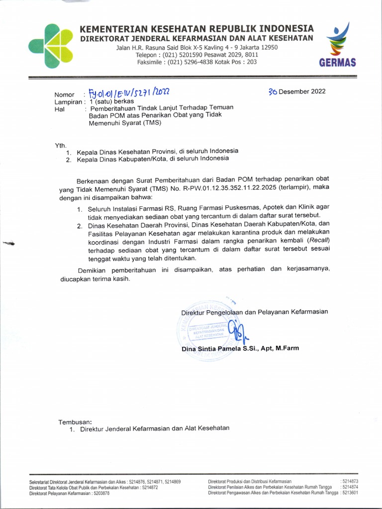 Surat Pemberitahuan Tindak Lanjut Terhadap Temuan Badan POM Atas ...