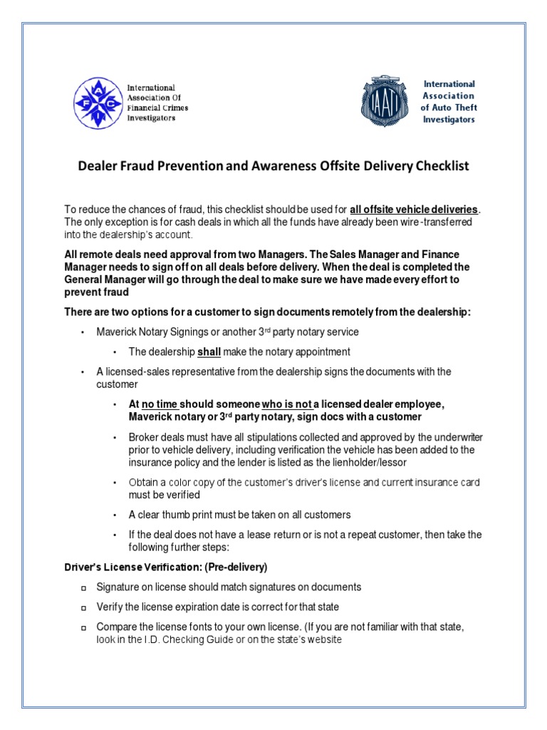Fraud Prevention And Awareness Dealer Offsite Delivery Checklist Pdf